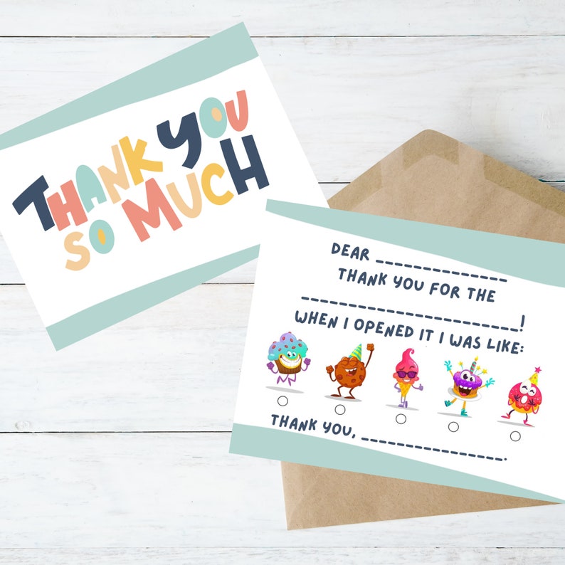 KIDS BIRTHDAY --- Thank-you Note Card (printable, Fill in the Blank ...