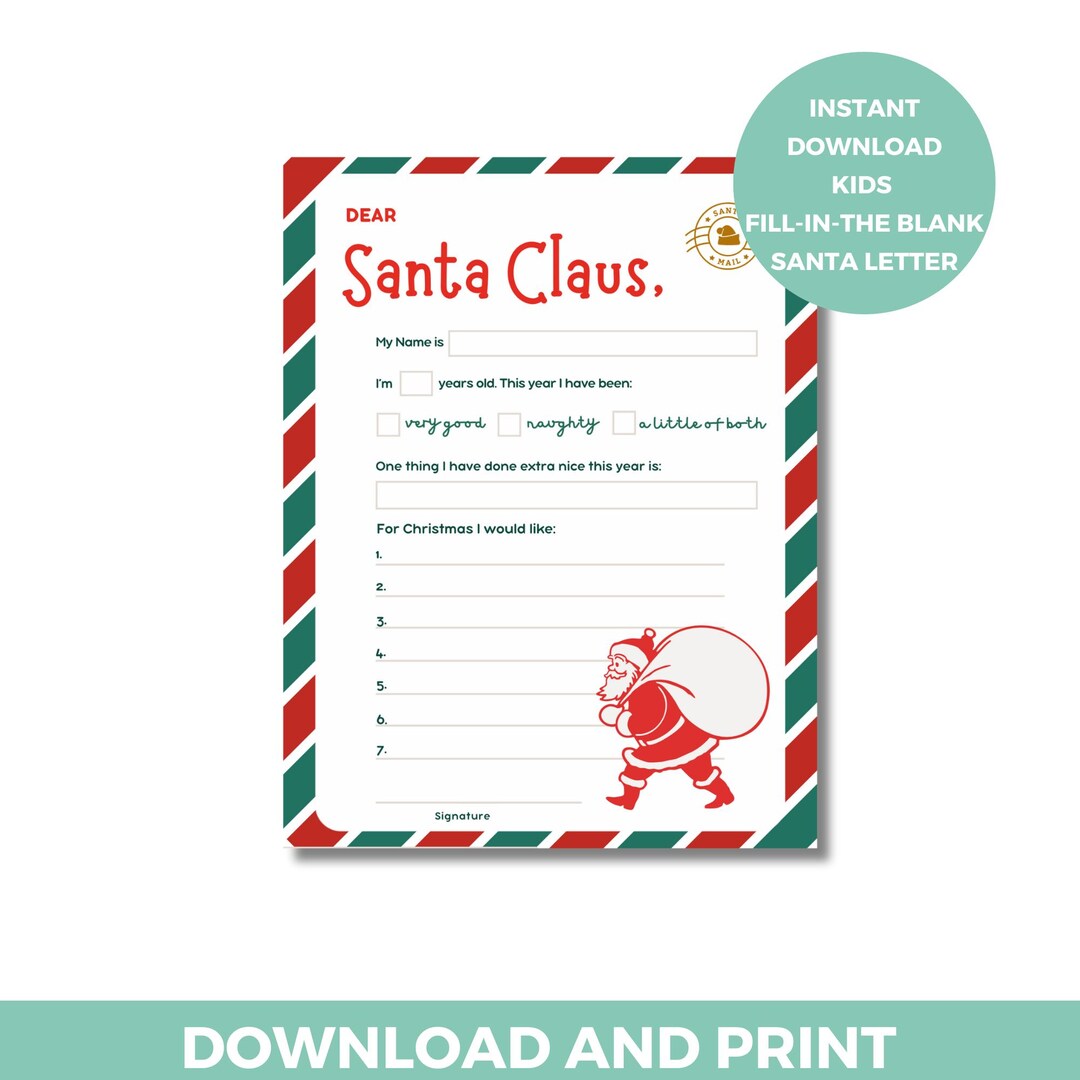 Kids Letter to Santa Digital Download Christmas Kids Fill-in the Blank ...