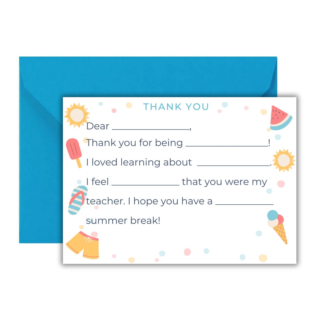 Kids --- Teacher Thank-you Note Card (printable, Fill in the Blank ...