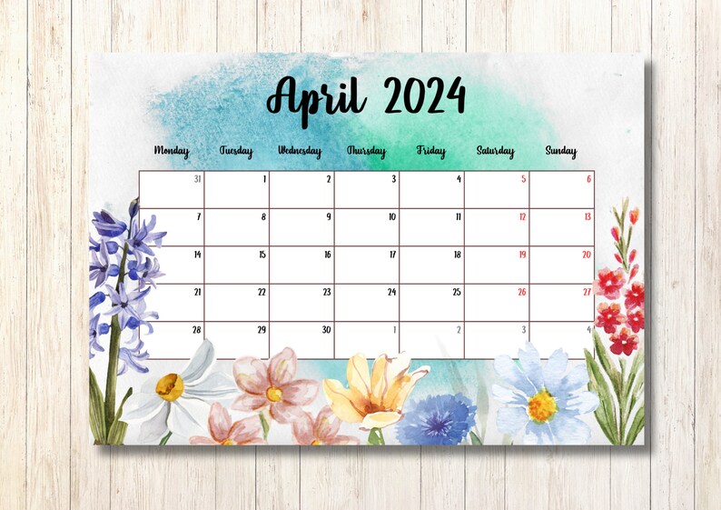 EDITABLE April 2024 Calendar, Floral Spring, Monthly Planner, Kids ...
