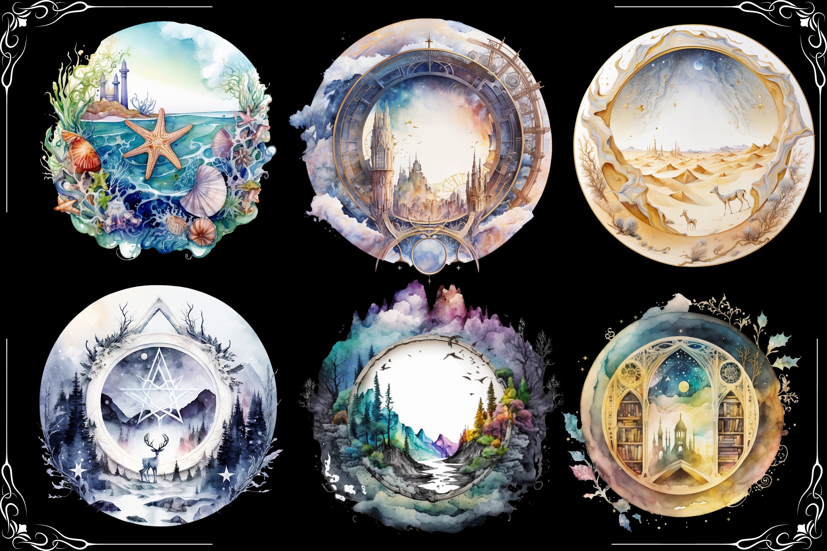Watercolor Circular Frames Clipart Bundle, Fantasy Frames for ...