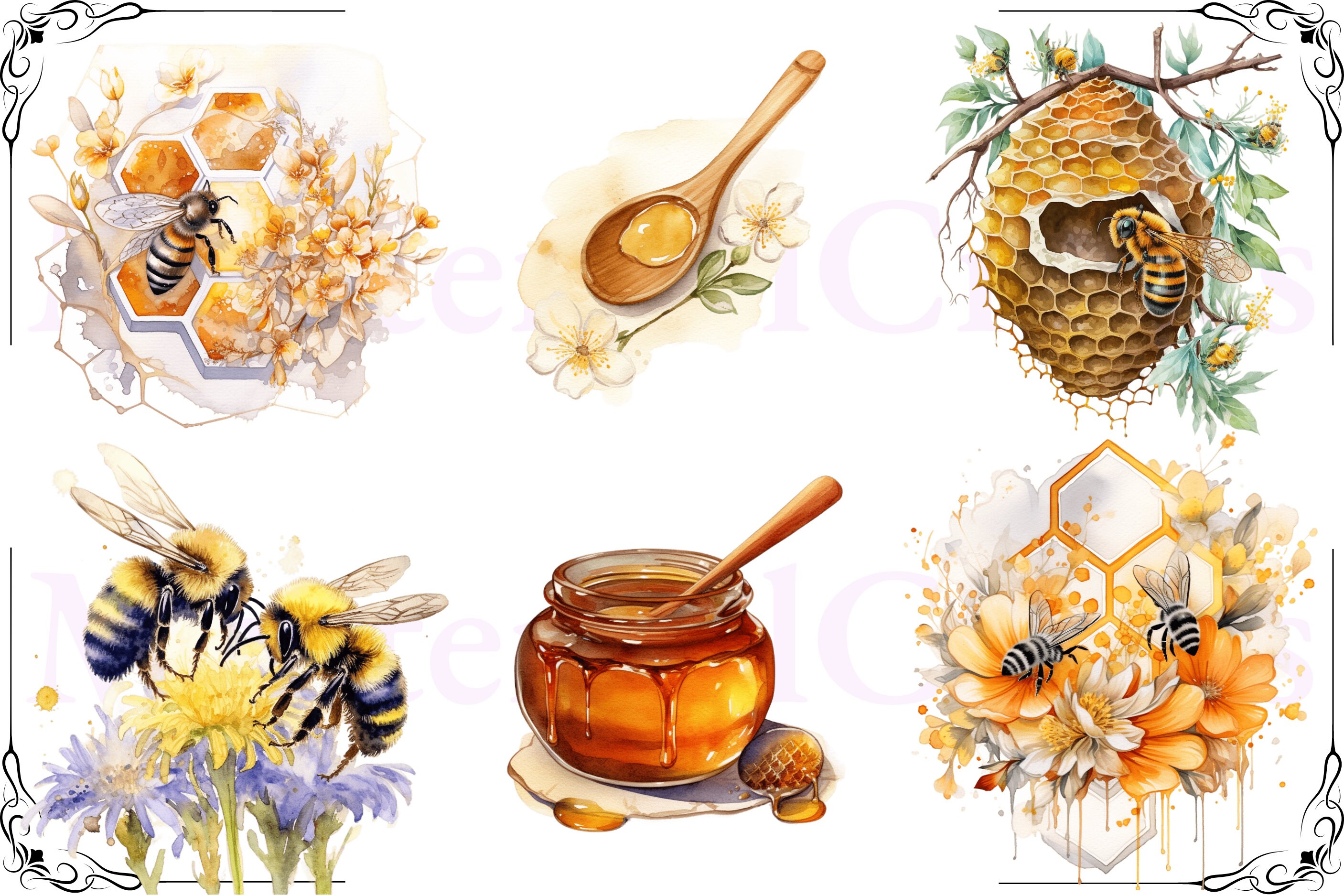 Watercolor Honeybee Clipart Bundle, Summer Clipart, Watercolor Flower ...