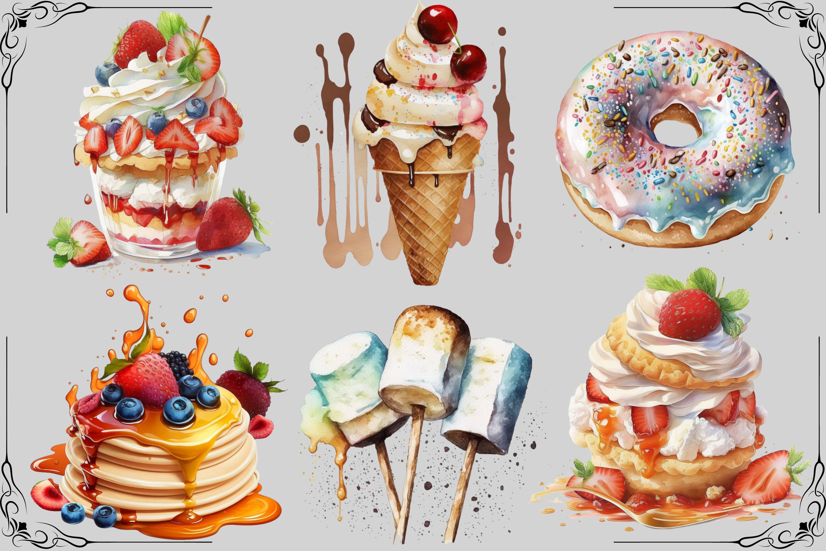 Sweet Treats Watercolor Clipart Bundle Digital Candies Desserts Donuts ...