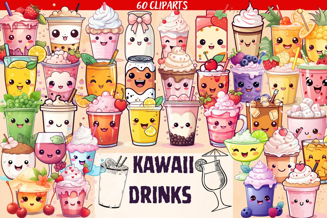 Kawaii Drinks Clipart Set PNG Cute Food Graphics Funny Clipart Graphics ...