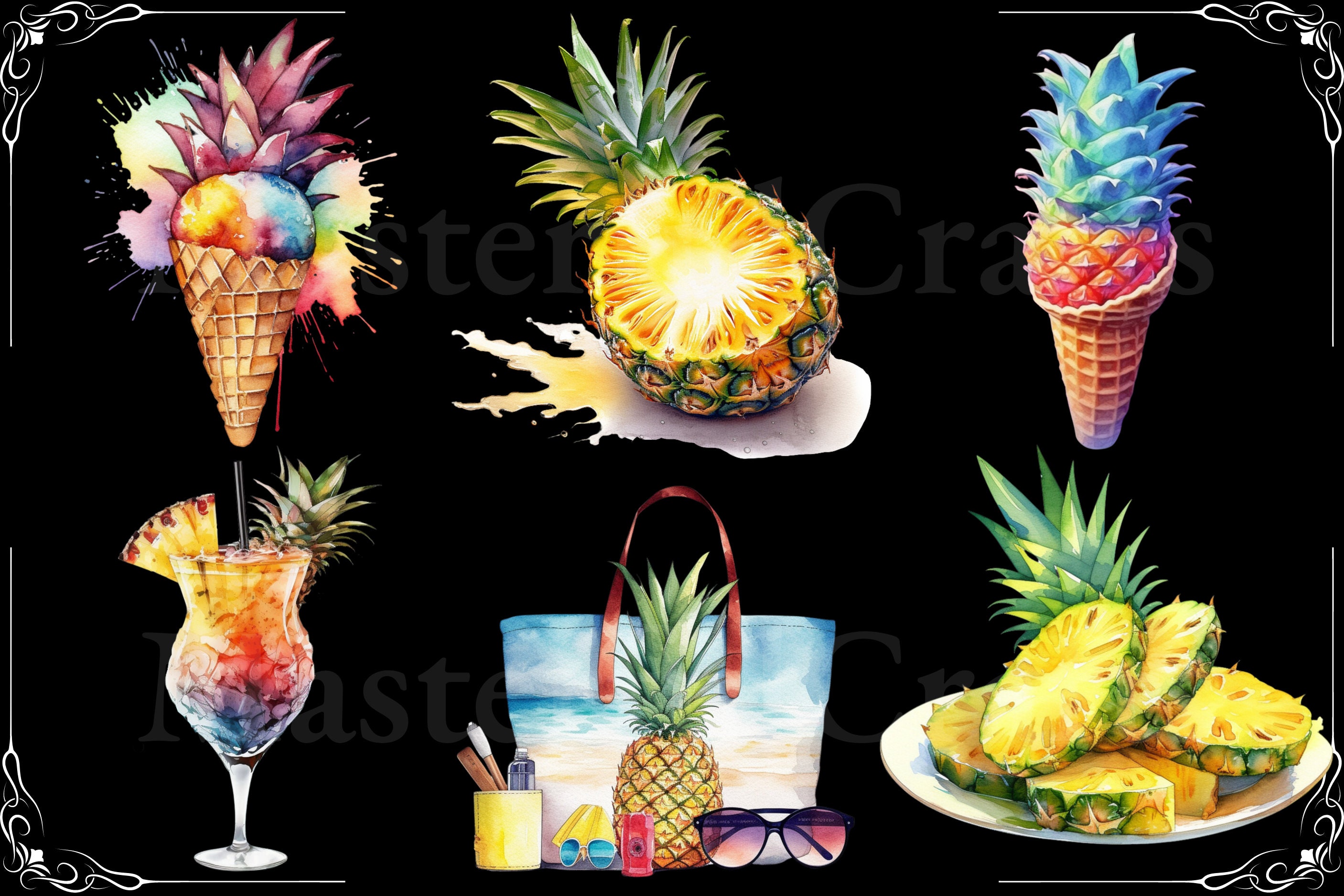 Watercolor Pineapple Clipart PNG Summer Fruit Clipart Commercial Use ...