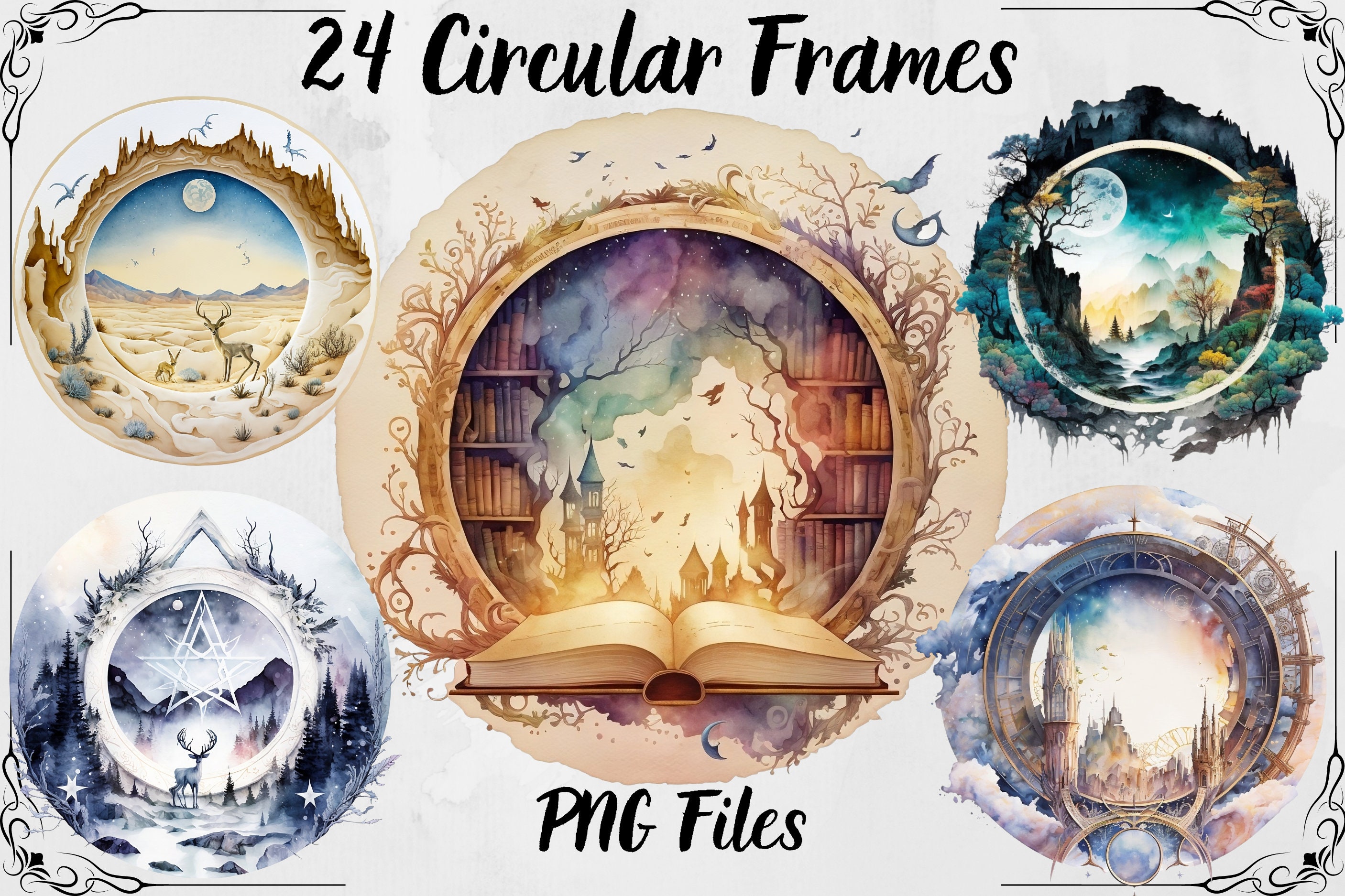 Watercolor Circular Frames Clipart Bundle, Fantasy Frames for ...