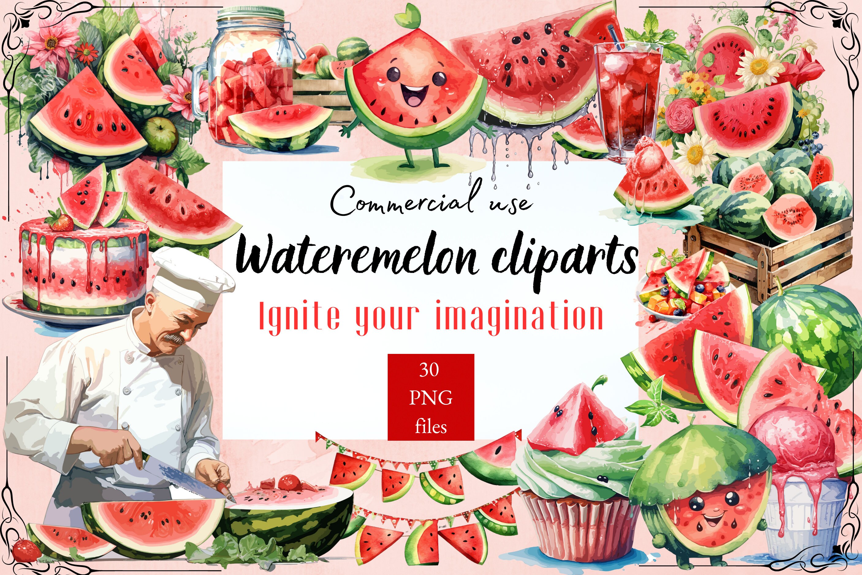Watercolor Watermelon Clipart Summer Fruit PNG Digital Image Downloads ...