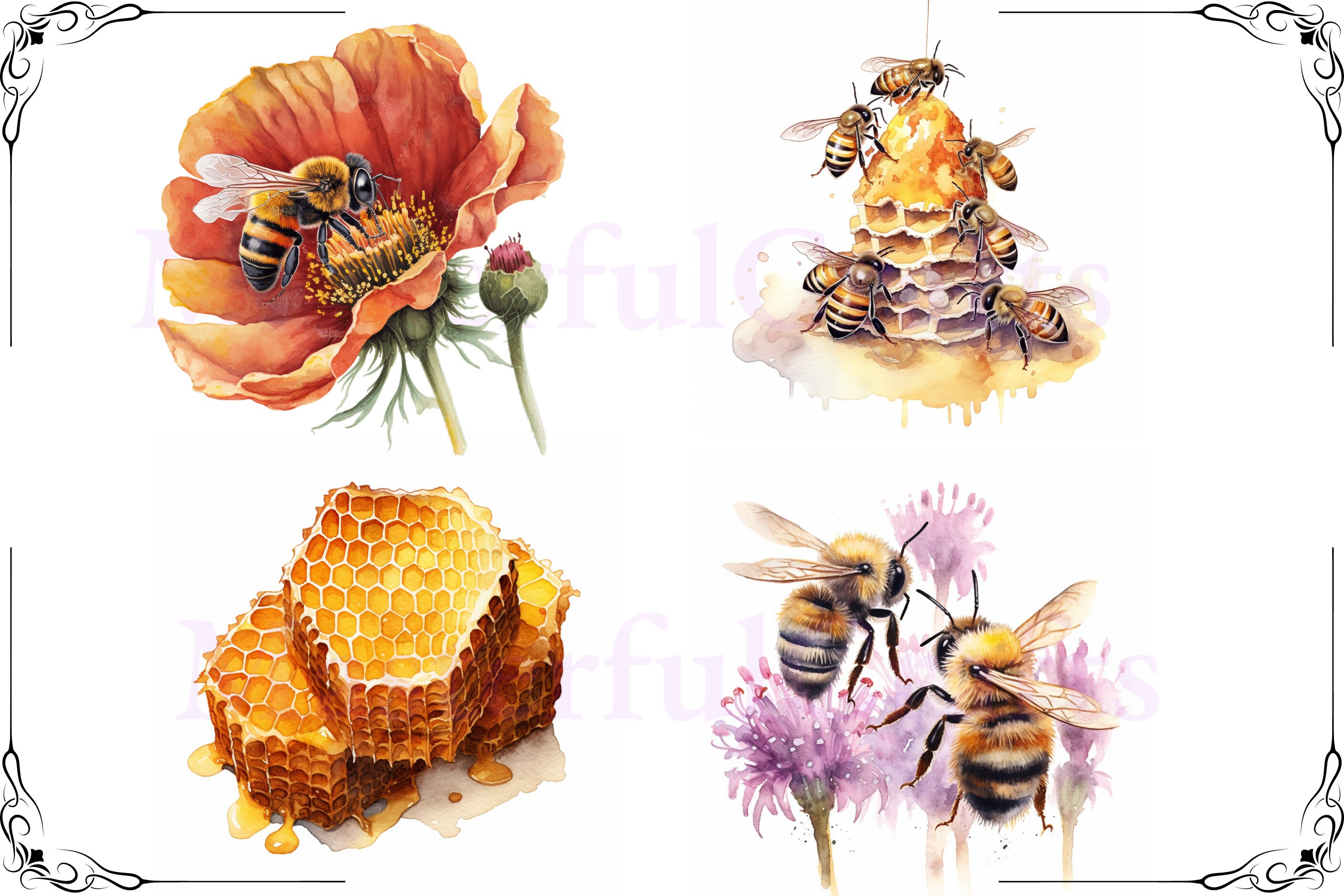 Watercolor Honeybee Clipart Bundle Summer Clipart Watercolor - Etsy