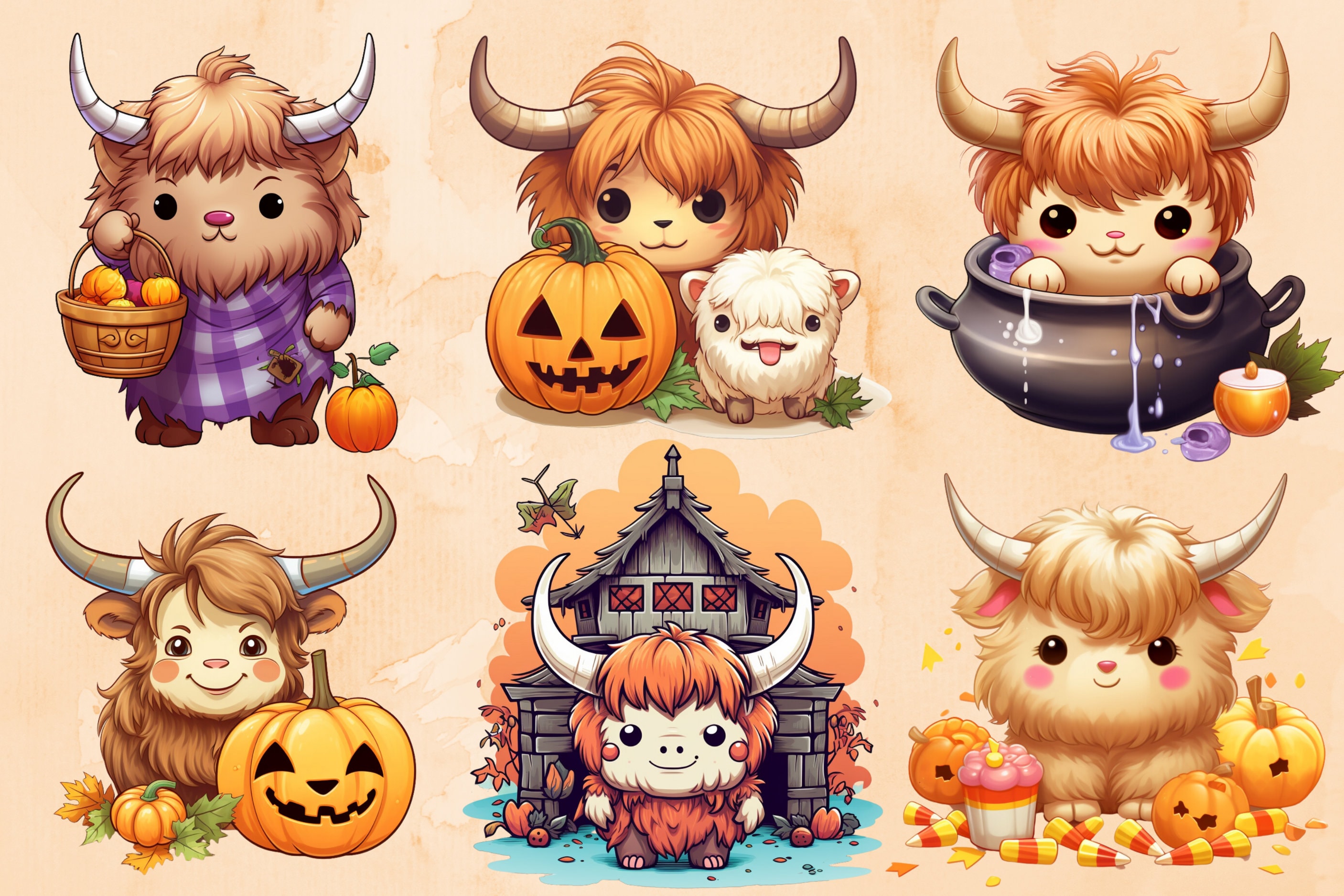 Cute Halloween Highland Cow Clipart Bundle Kawaii Halloween - Etsy