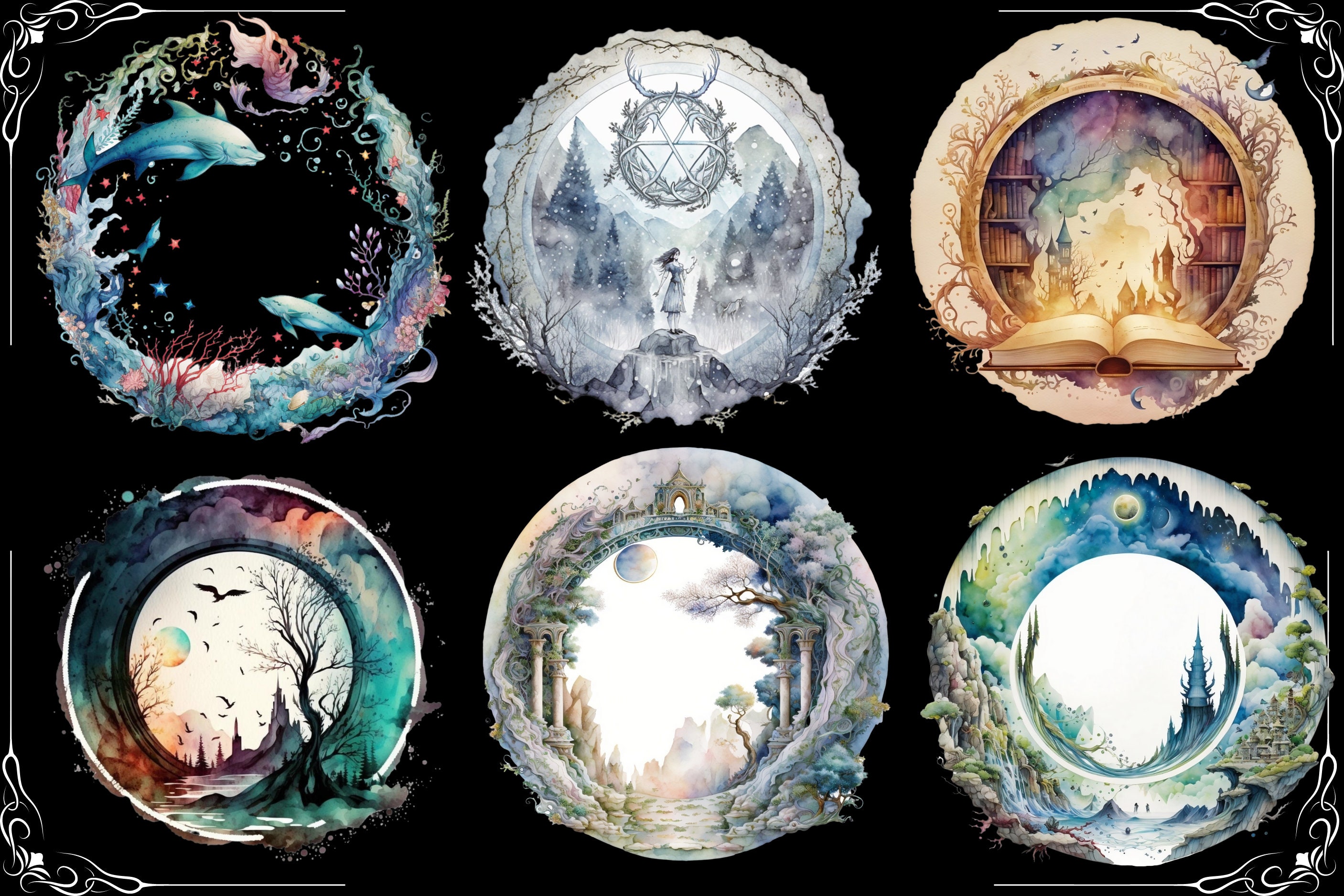 Watercolor Circular Frames Clipart Bundle, Fantasy Frames for ...