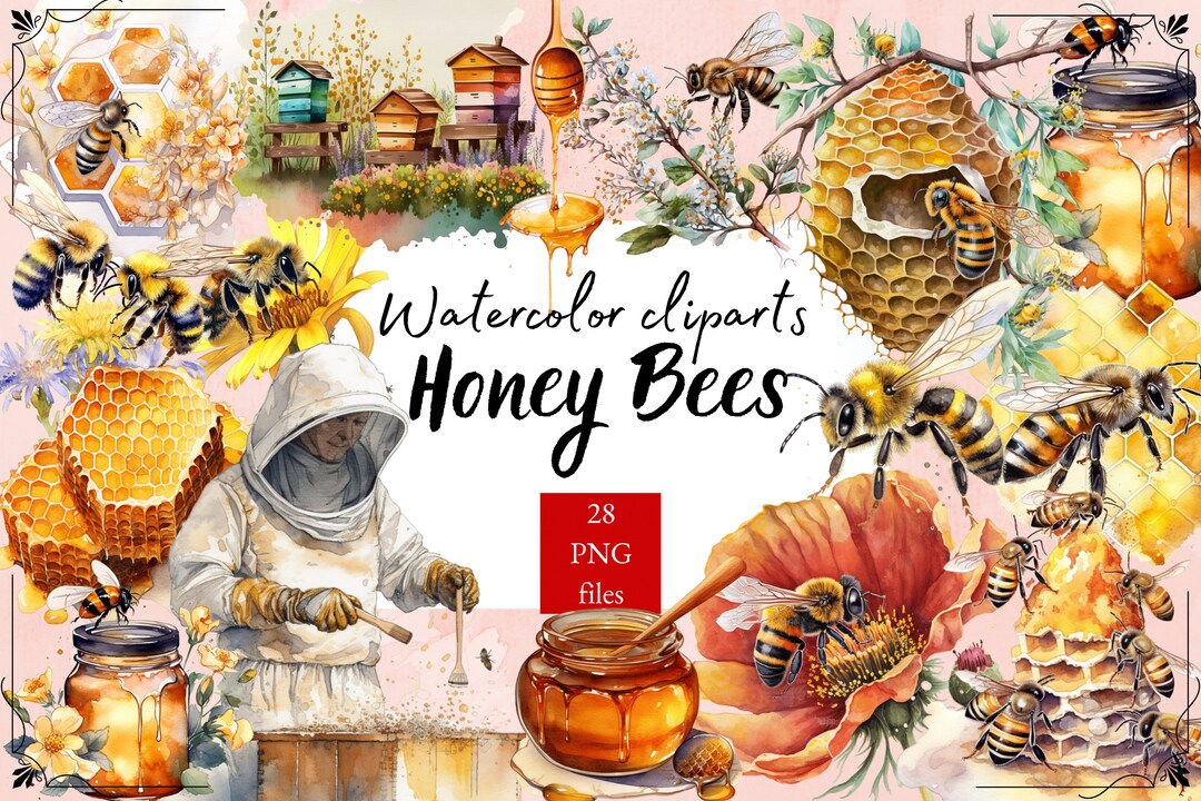 Watercolor Honeybee Clipart Bundle, Summer Clipart, Watercolor Flower ...