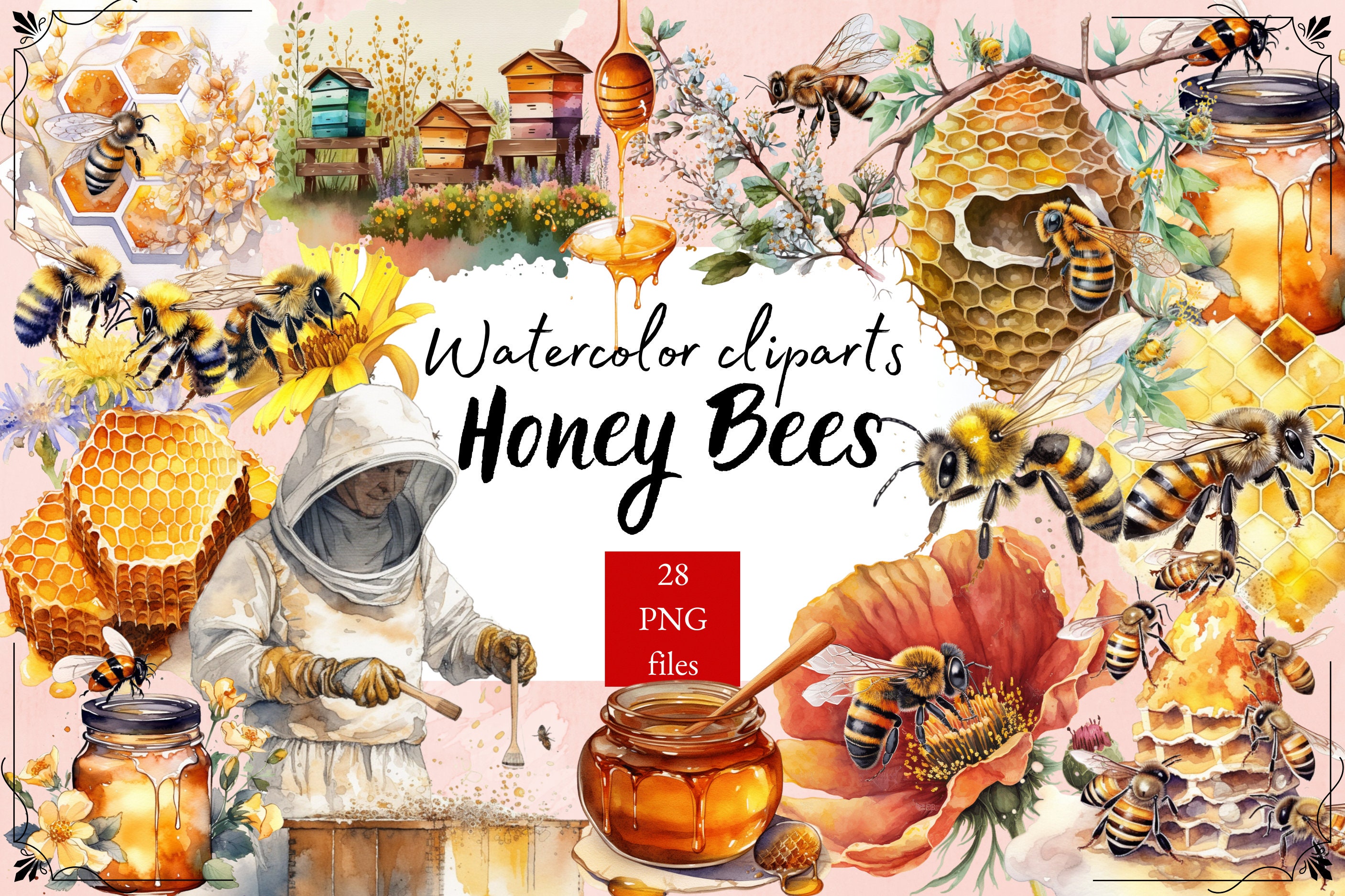 Watercolor Honeybee Clipart Bundle, Summer Clipart, Watercolor Flower ...