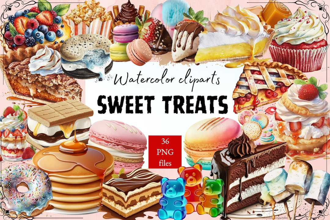 Sweet Treats Watercolor Clipart Bundle Digital Candies Desserts Donuts ...