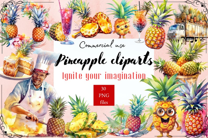 Watercolor Pineapple Clipart PNG Summer Fruit Clipart Commercial Use ...