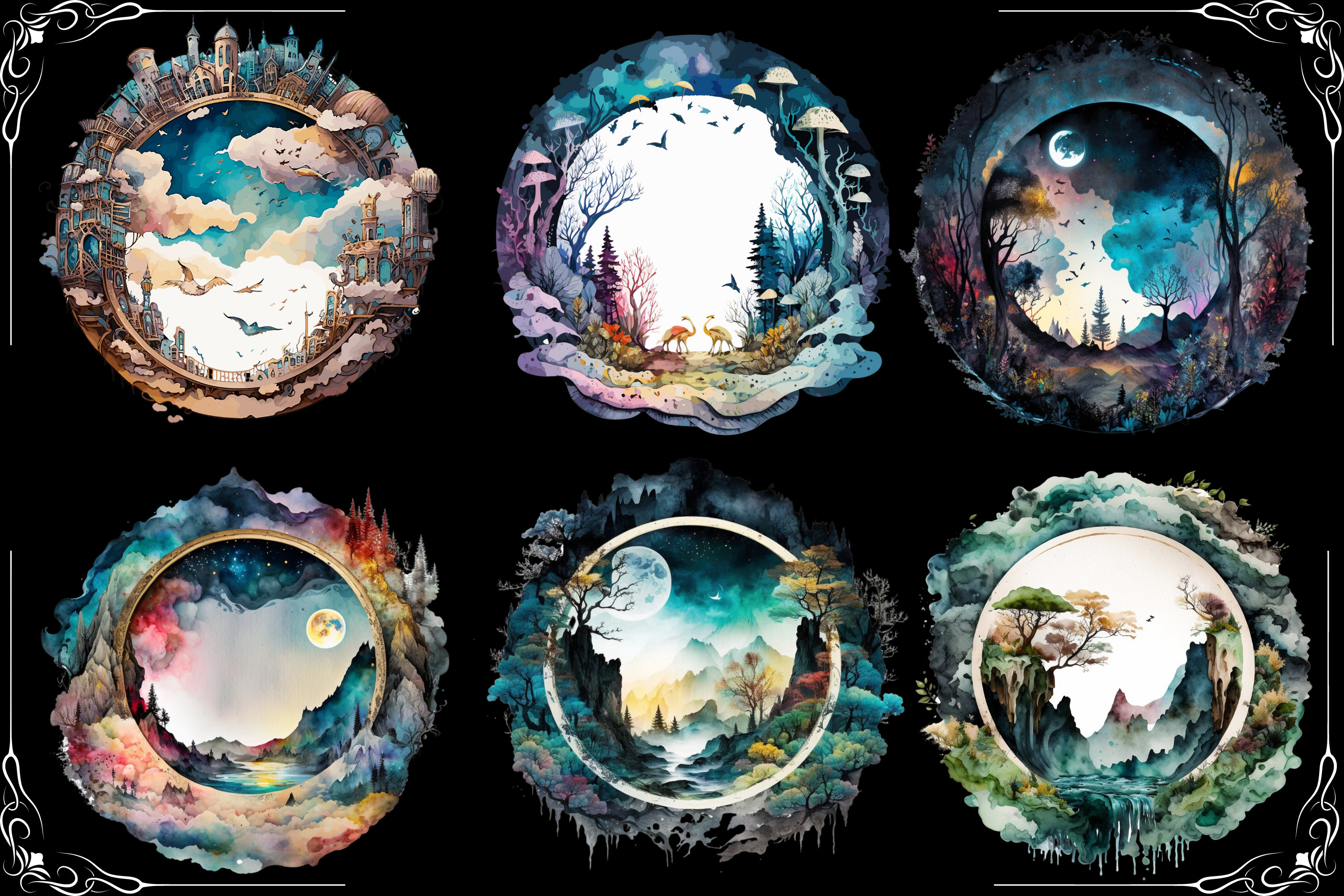 Watercolor Circular Frames Clipart Bundle, Fantasy Frames for ...