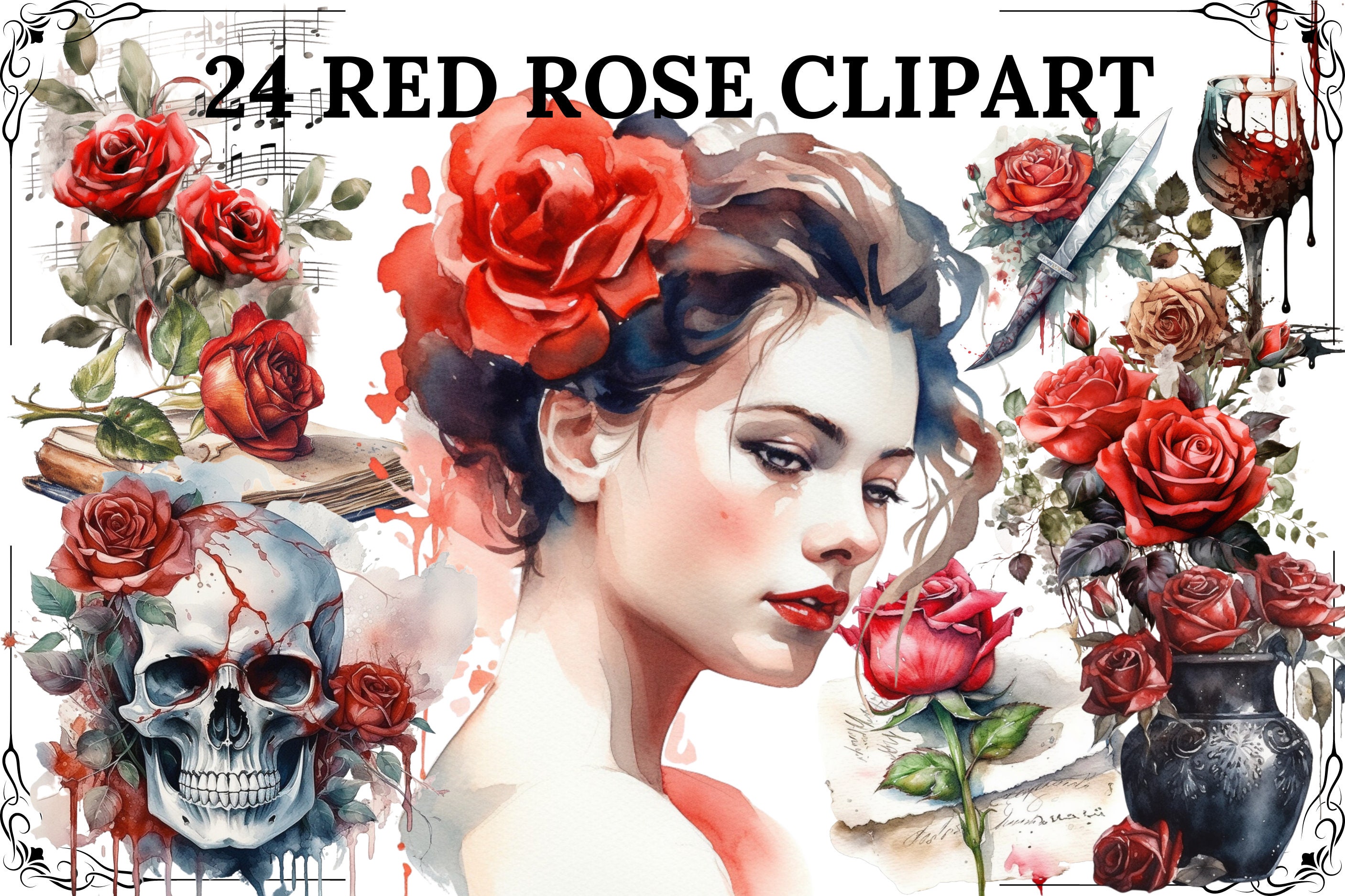 Watercolor Red Roses Clipart Bundle Dark Fantasy Watercolor - Etsy