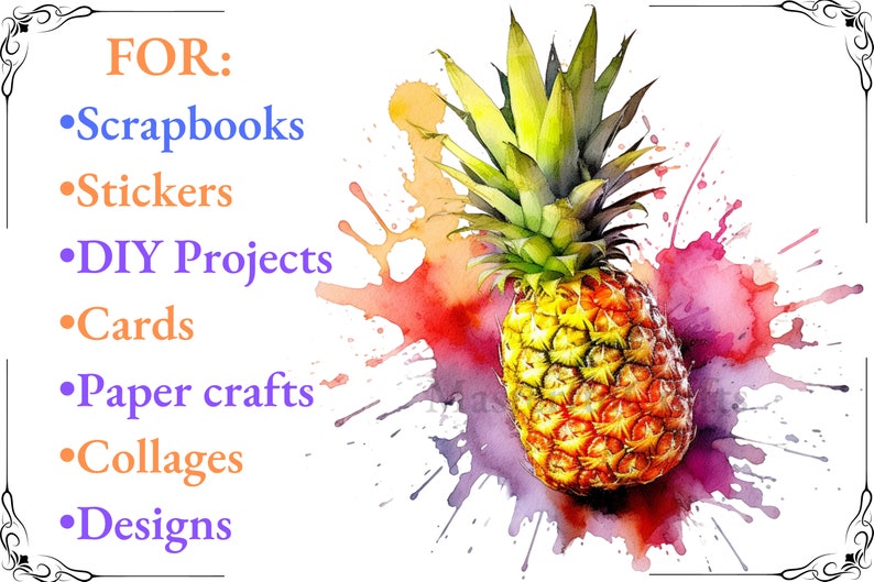 Watercolor Pineapple Clipart PNG Summer Fruit Clipart Commercial Use ...