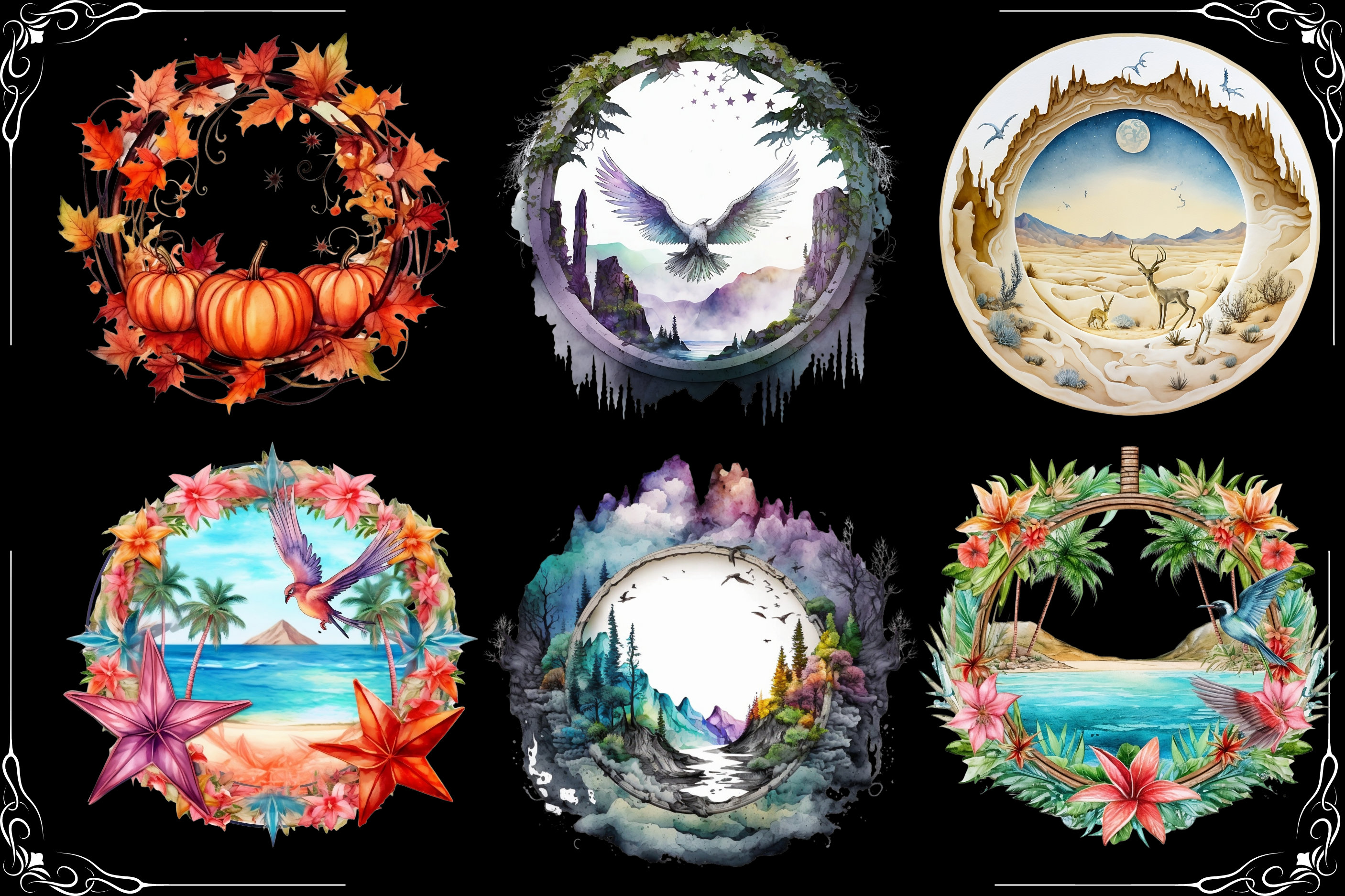 Watercolor Circular Frames Clipart Bundle, Fantasy Frames for ...