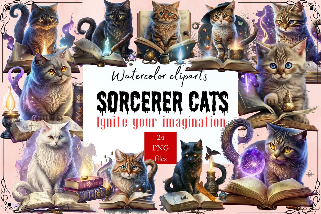 Sorcerer Cats Clipart Bundle, Mystical Cats, Cat Clipart, Witchcraft ...