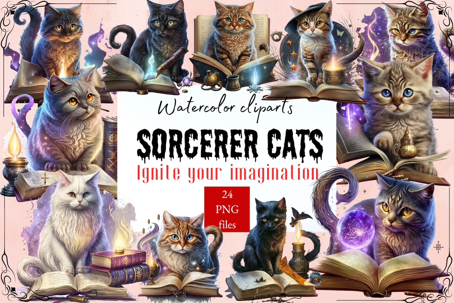 Sorcerer Cats Clipart Bundle, Mystical Cats, Cat Clipart, Witchcraft ...