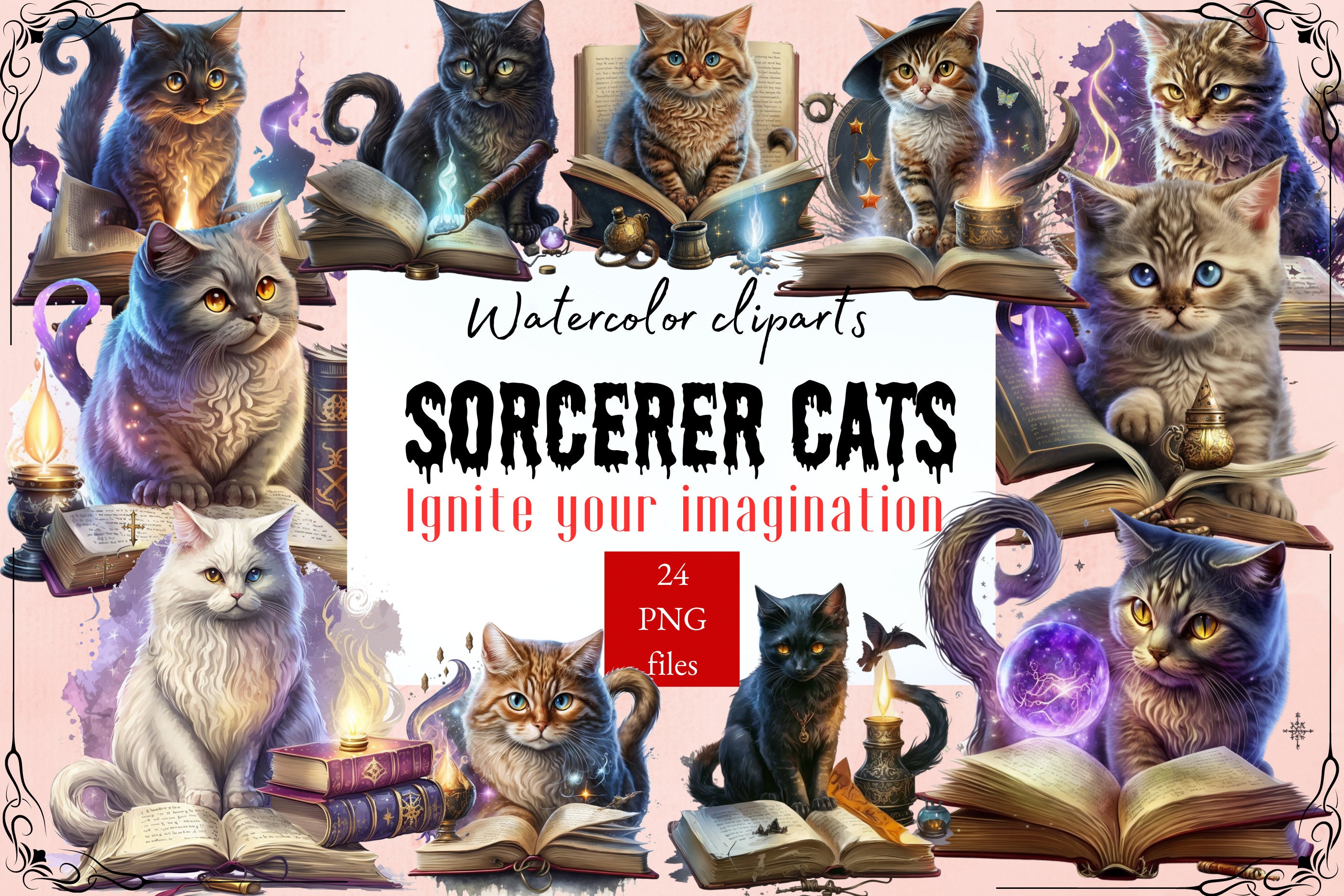 Sorcerer Cats Clipart Bundle, Mystical Cats, Cat Clipart, Witchcraft ...