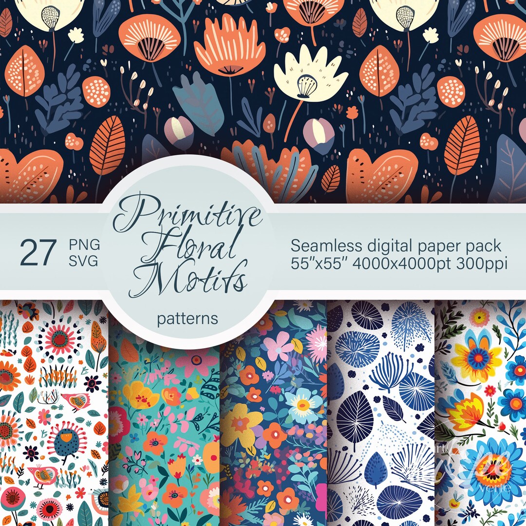 Primitive Floral Motifs Digital Paper Seamless Floral Pattern ...