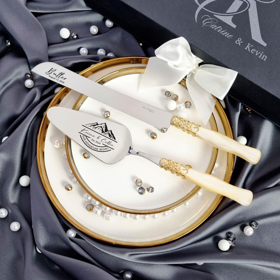 Wedding Cake Knife Cutter Cutting Set With Ivory Pearl Handle and Gold ...