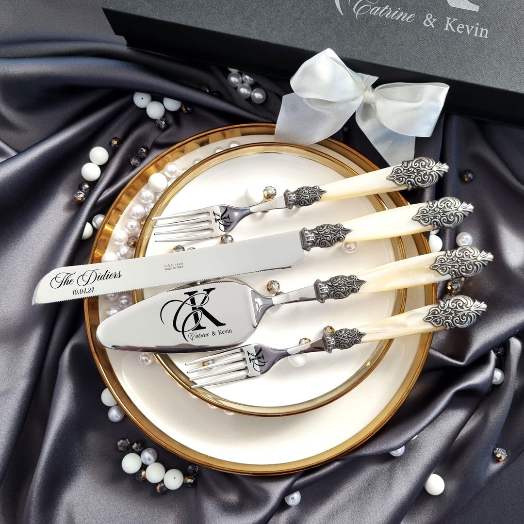 Conjunto de corte para bolo de casamento Champagne Pearl com garfos ...