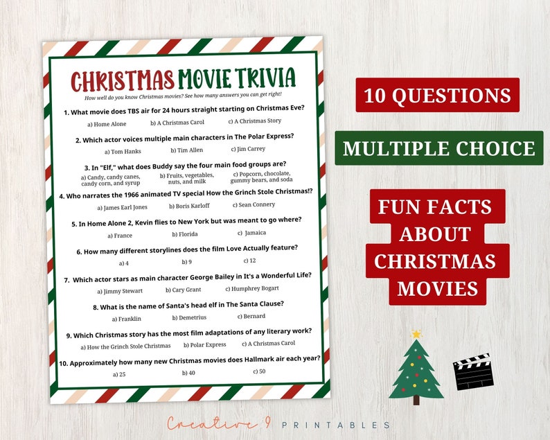 Printable Christmas Movie Trivia Game for Adults and Kids, 10 Fun ...