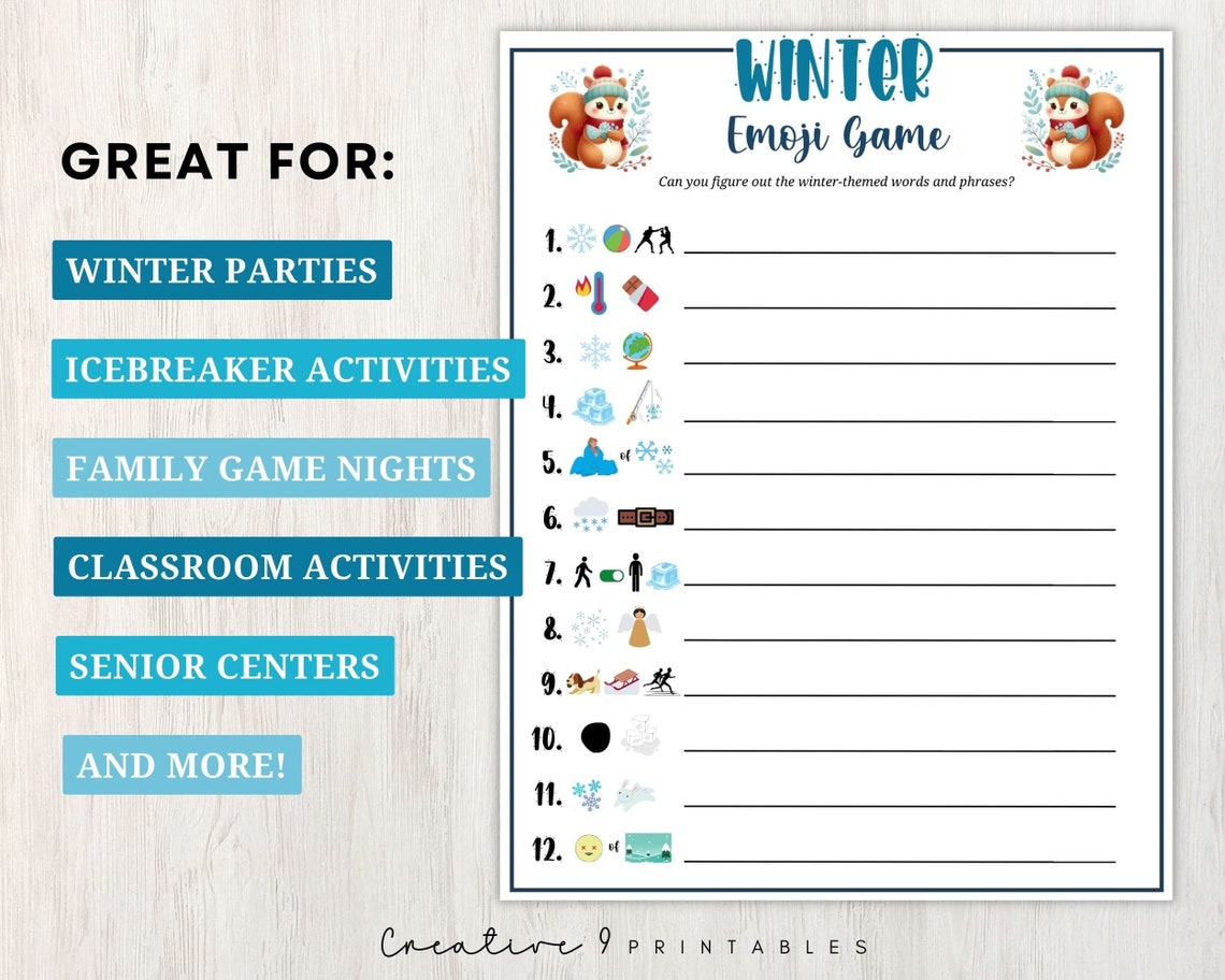 Printable Winter Emoji Game for Kids and Adults, Fun Winter Trivia Game ...