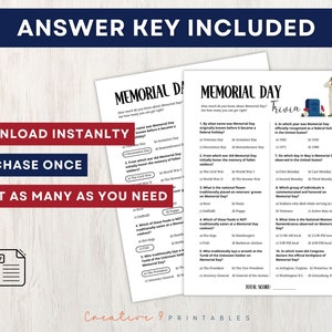 Memorial Day Trivia Game for Kids and Adults, 10 Printable Trivia ...