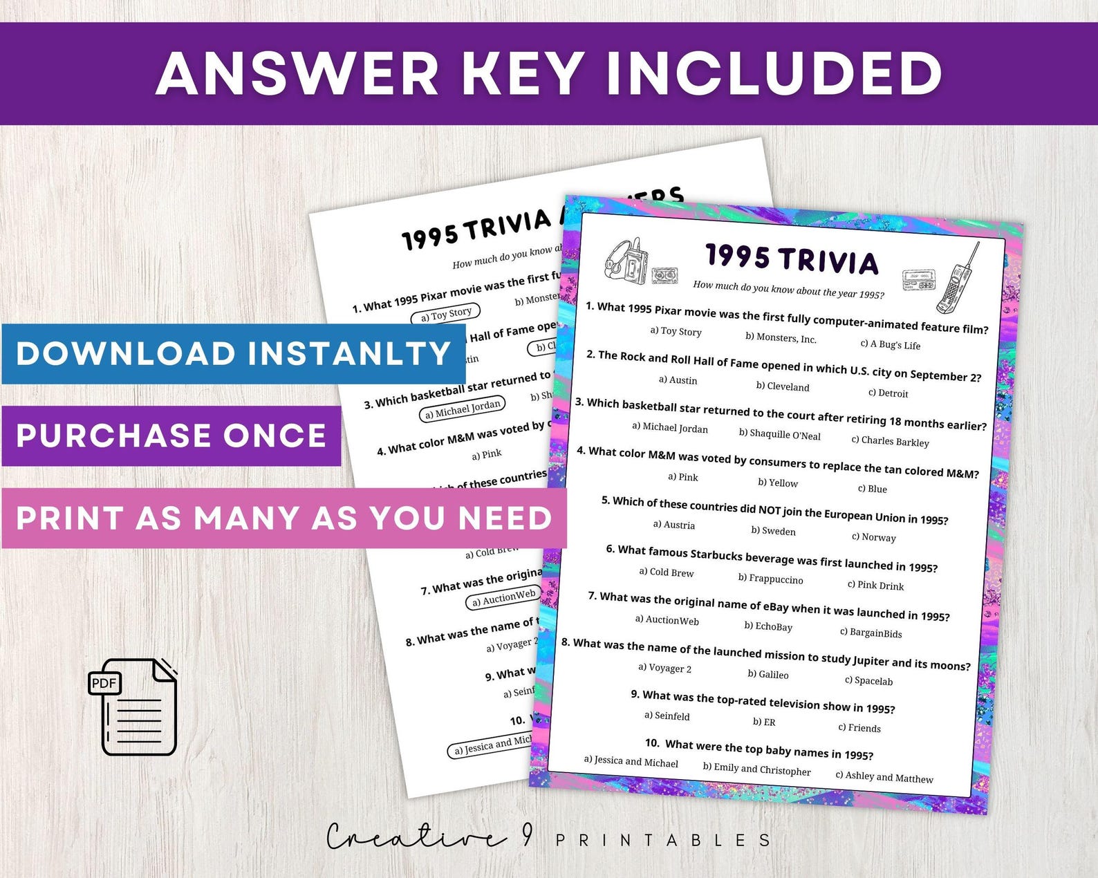 1995 Trivia With Answers, Printable 30th Birthday, Reunion, or ...