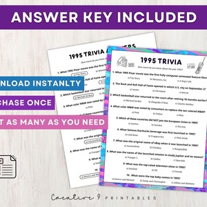 1995 Trivia With Answers, Printable 30th Birthday, Reunion, or ...