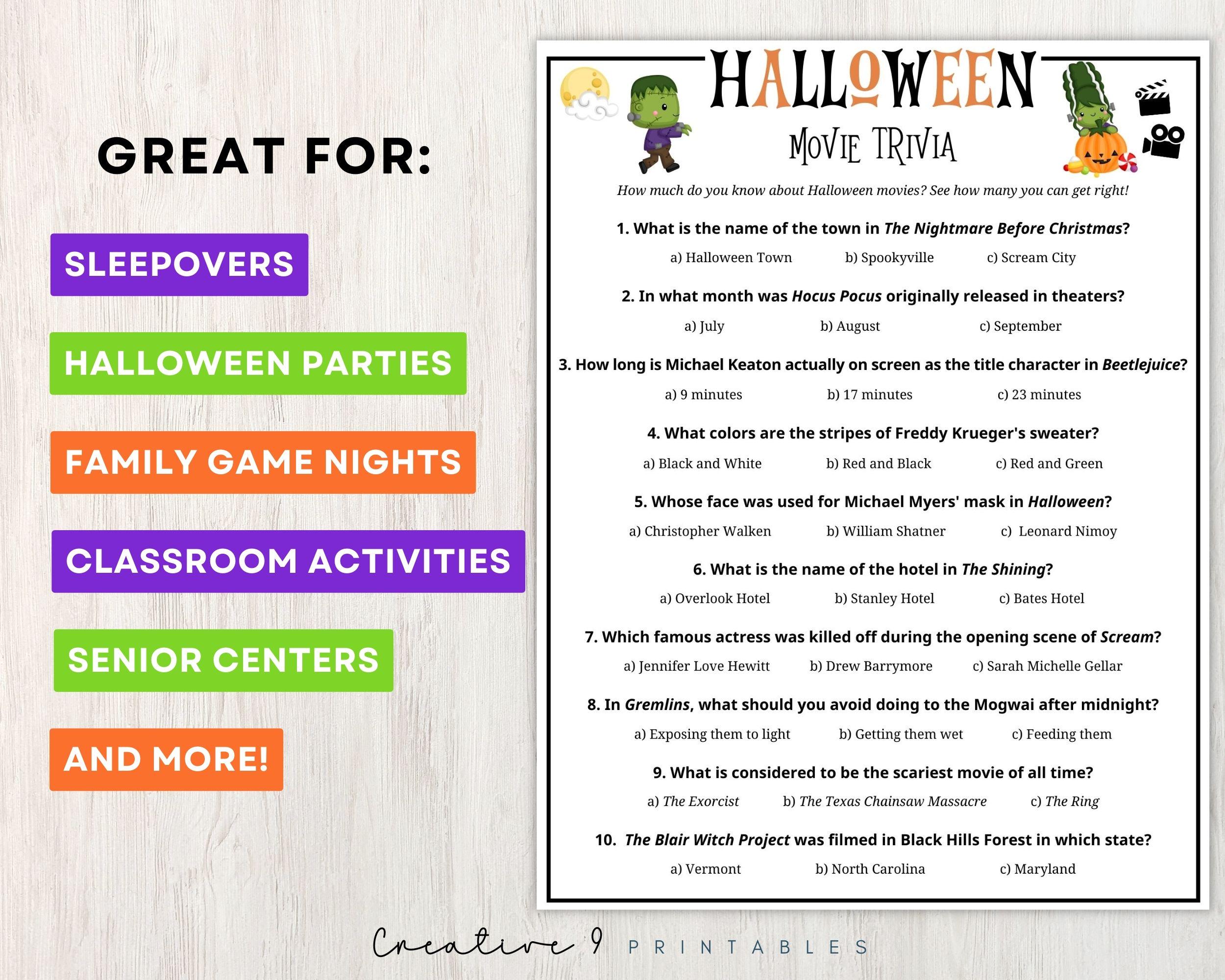 Halloween Movie Trivia Printable Game for Kids and Adults, 10 Questions ...