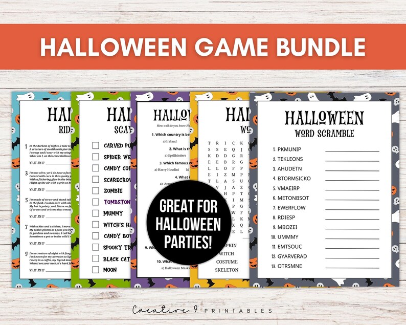 Printable Halloween Party Games Bundle for Kids and Adults, 5 Halloween ...