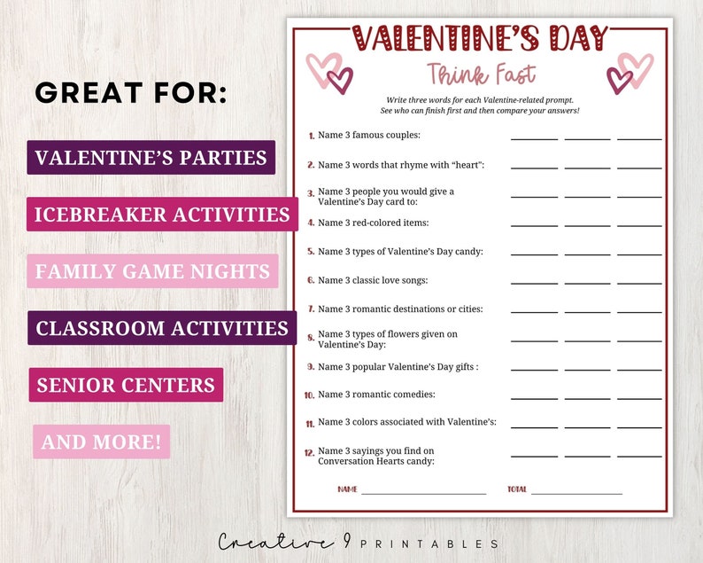 Valentine Think Fast Game for Kids and Adults, Printable Think Quick ...