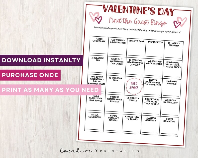 Printable Valentine's Day Find the Guest Bingo Game for Groups ...