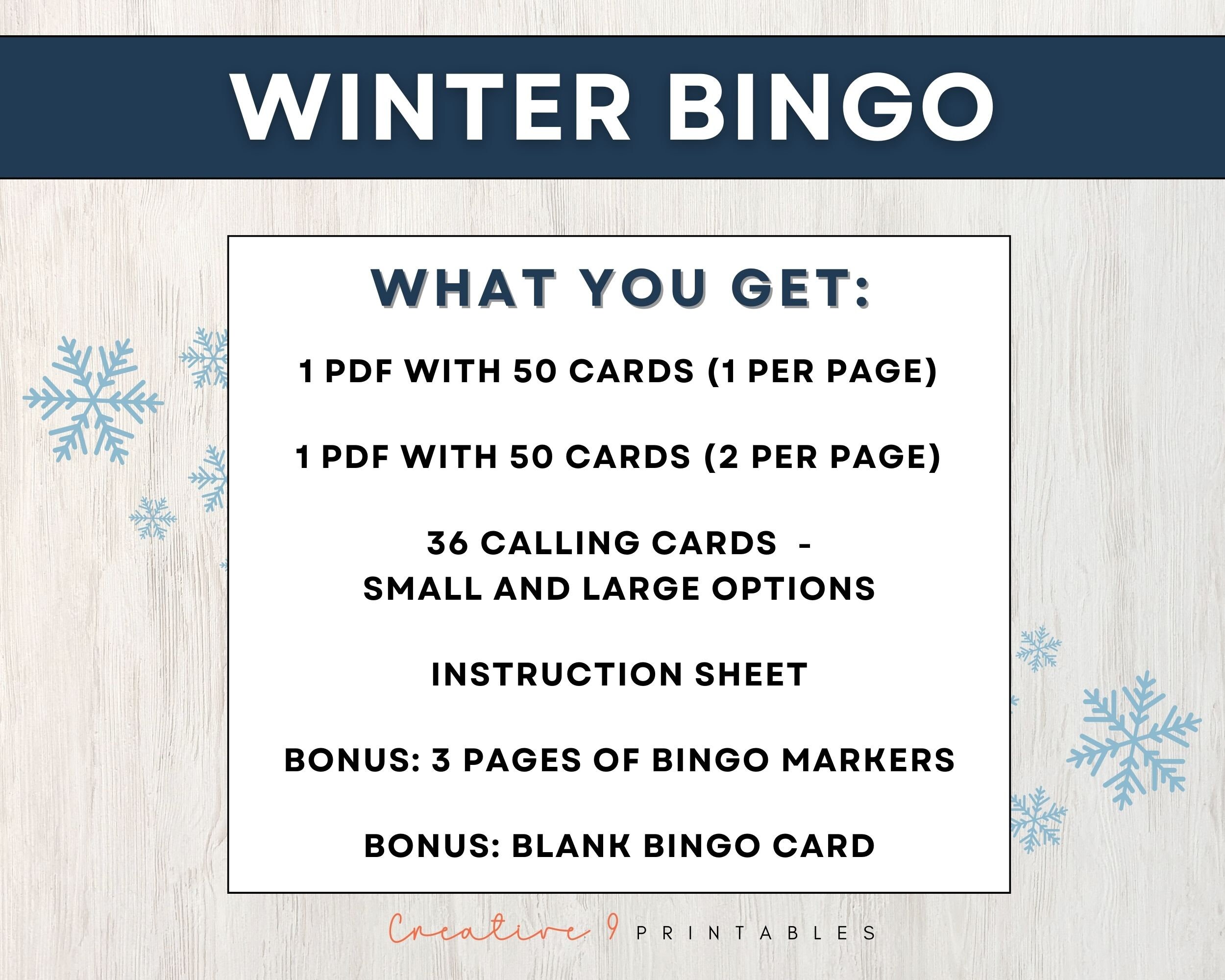 Printable Winter Bingo Game for Kids and Adults, 50 Bingo Cards and ...