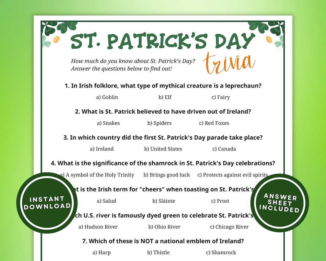 St. Patrick's Day Trivia Game for Kids and Adults, 10 Printable St ...