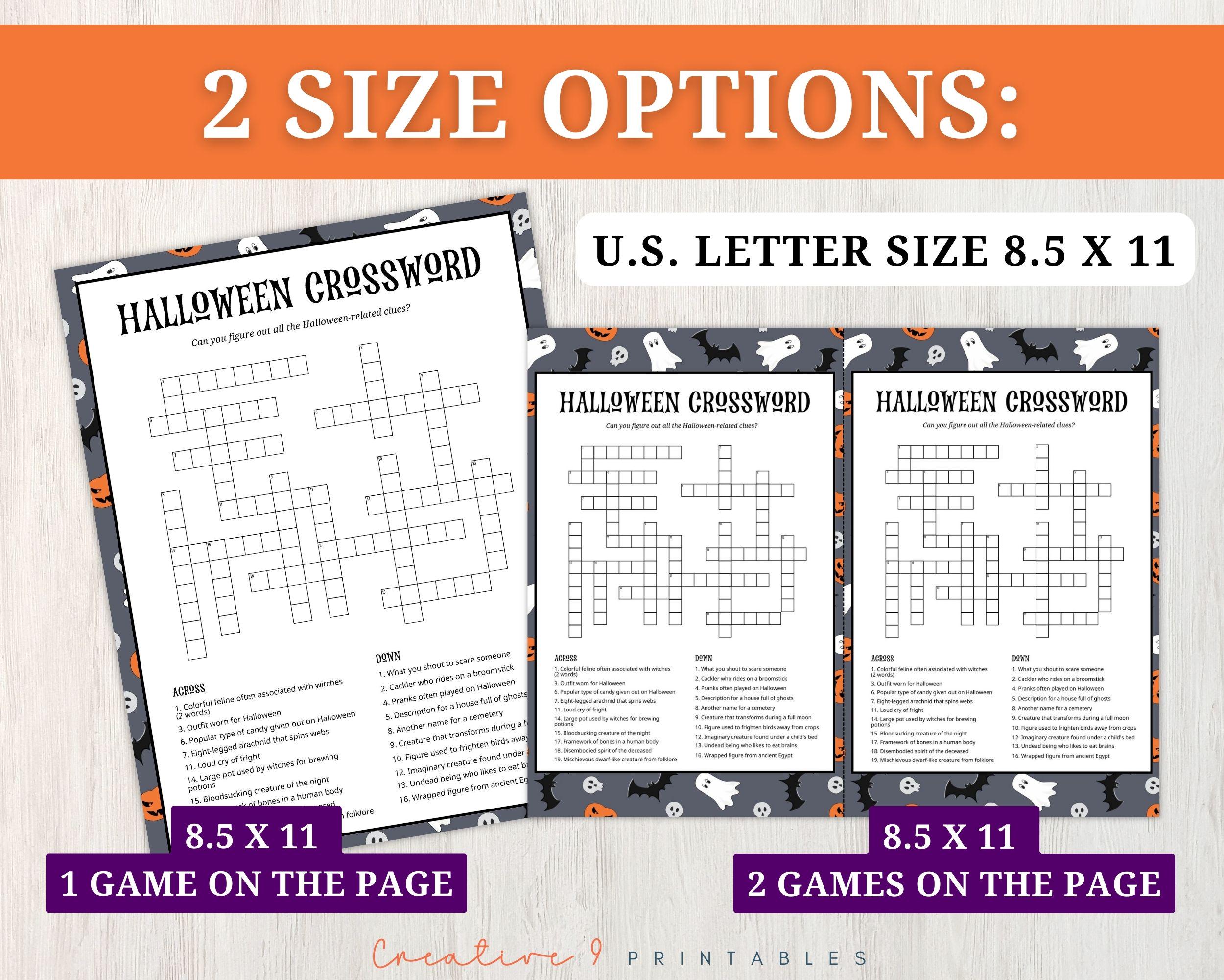 Halloween Crossword Printable Game for Kids and Adults, 20 Halloween ...