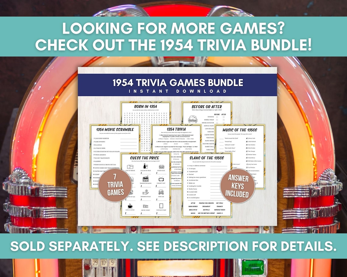 1954 Trivia With Answers, Printable 71st Birthday Game, 10 Fun Quiz ...