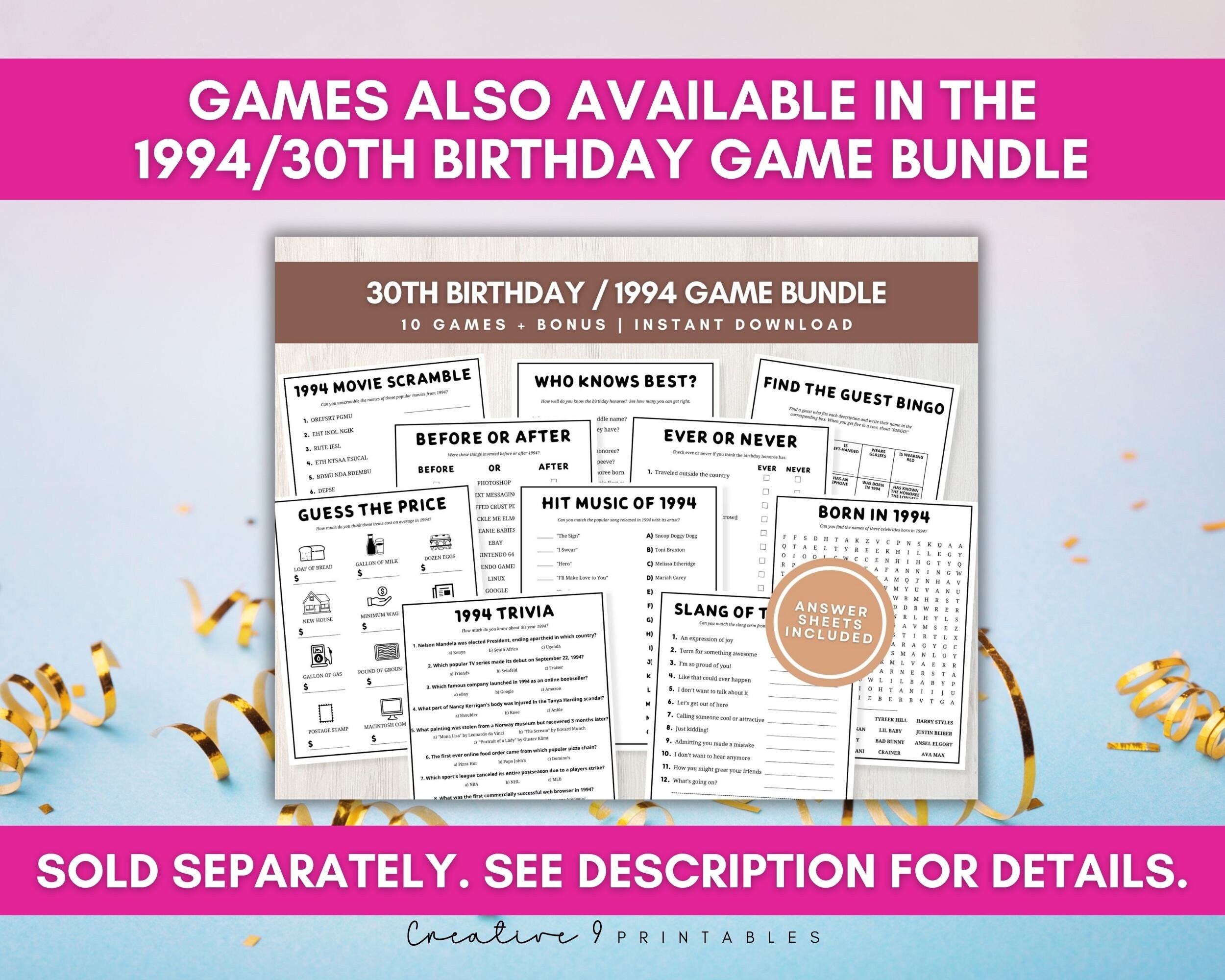 1994 Trivia Bundle for Adults, 7 Fun Printable 31st Birthday Party ...