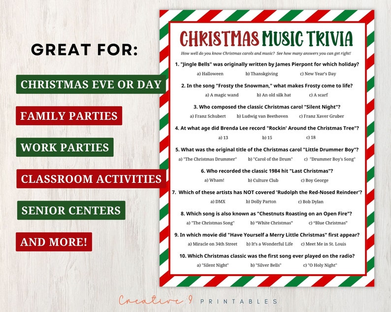 Printable Christmas Carol Trivia Game for Adults and Kids, 10 Fun ...