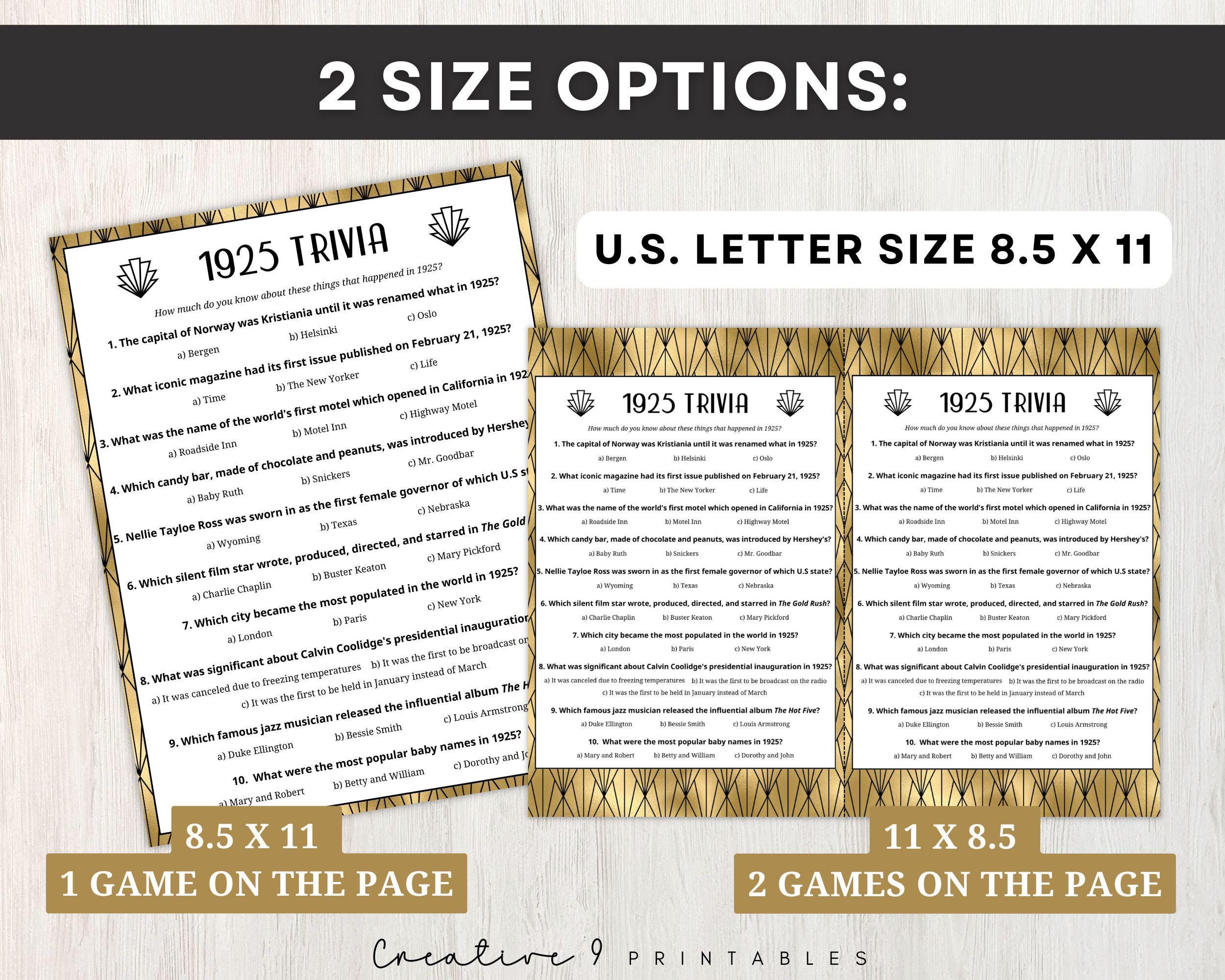 1925 Trivia With Answers, Printable 100th Birthday Game, 10 Fun Quiz ...