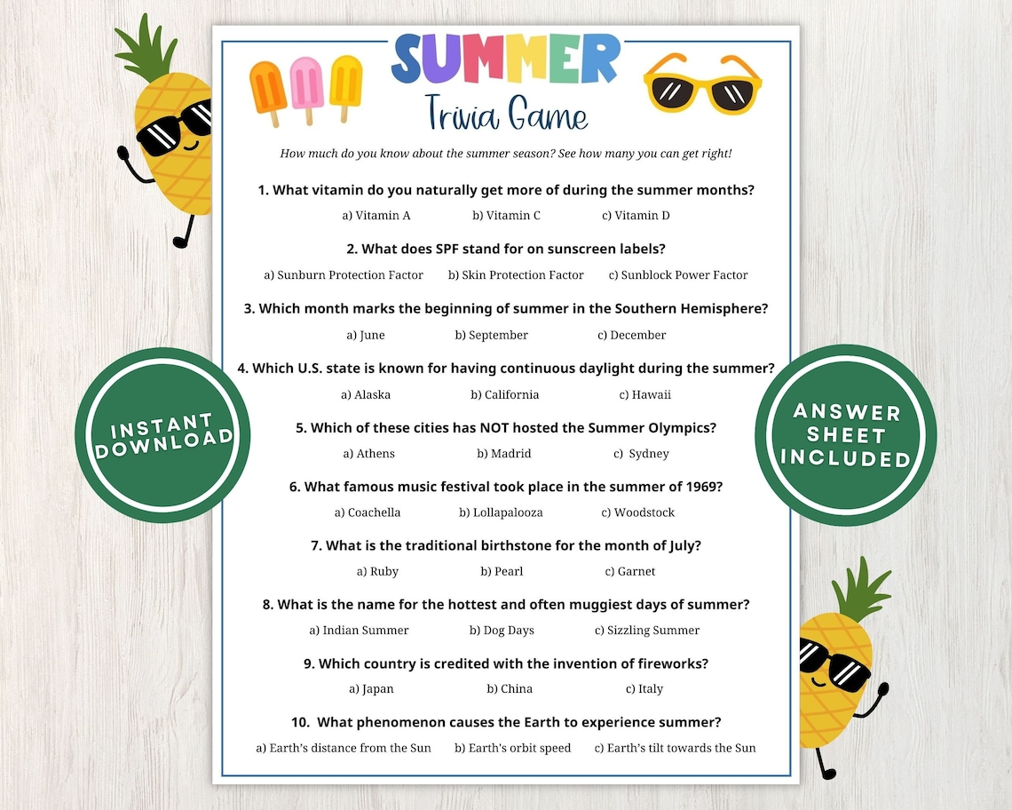 Summer Trivia Printable Game for Kids and Adults, 10 Summertime ...