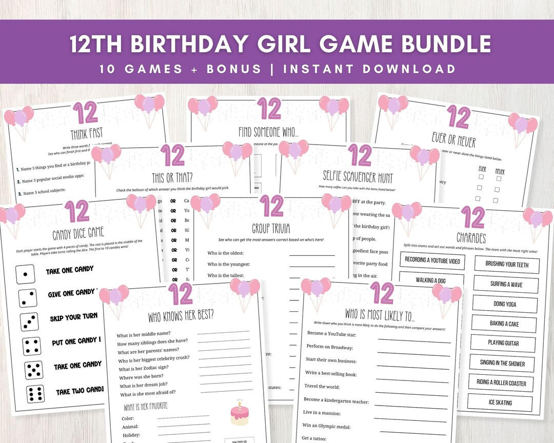 12th Birthday Girl Game Bundle, 10 Printable Birthday Party Games for ...