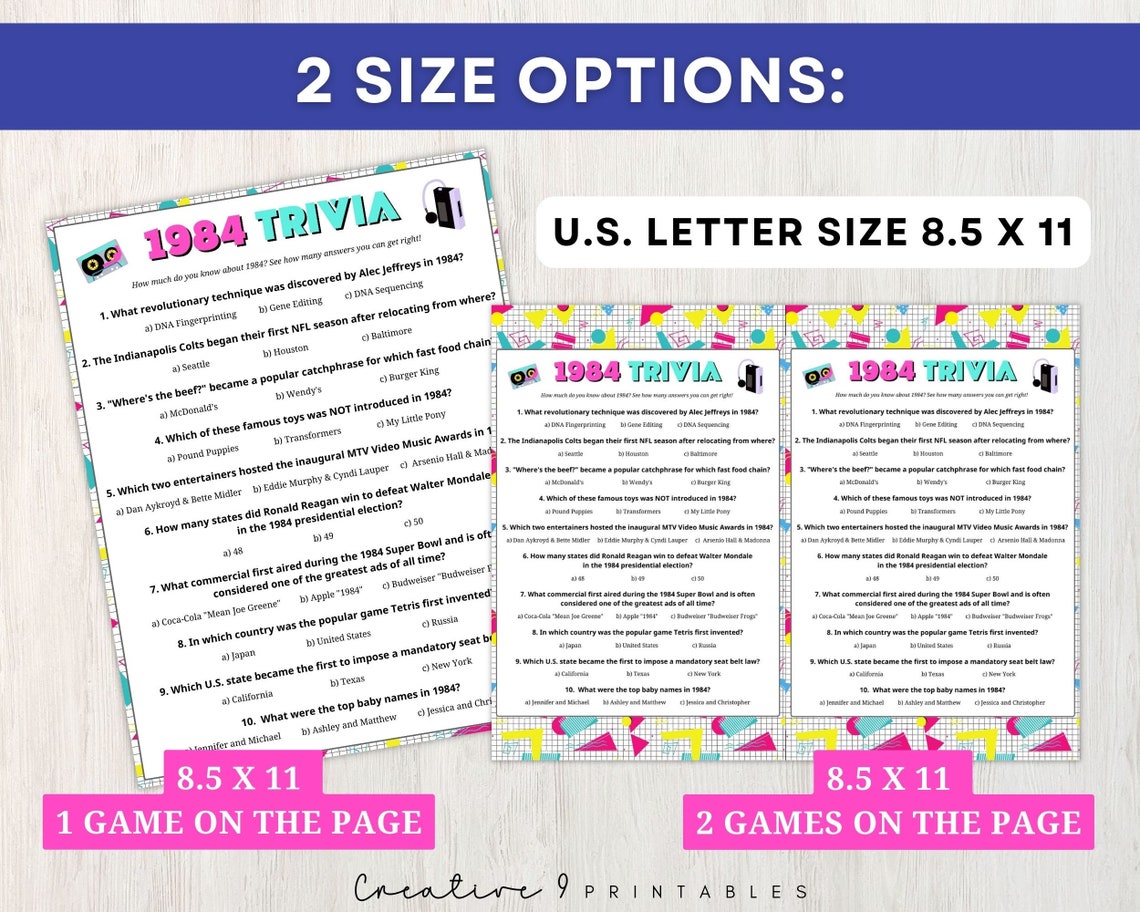 1984 Trivia Party Game - Printable for 41st Birthday, Reunion, or ...