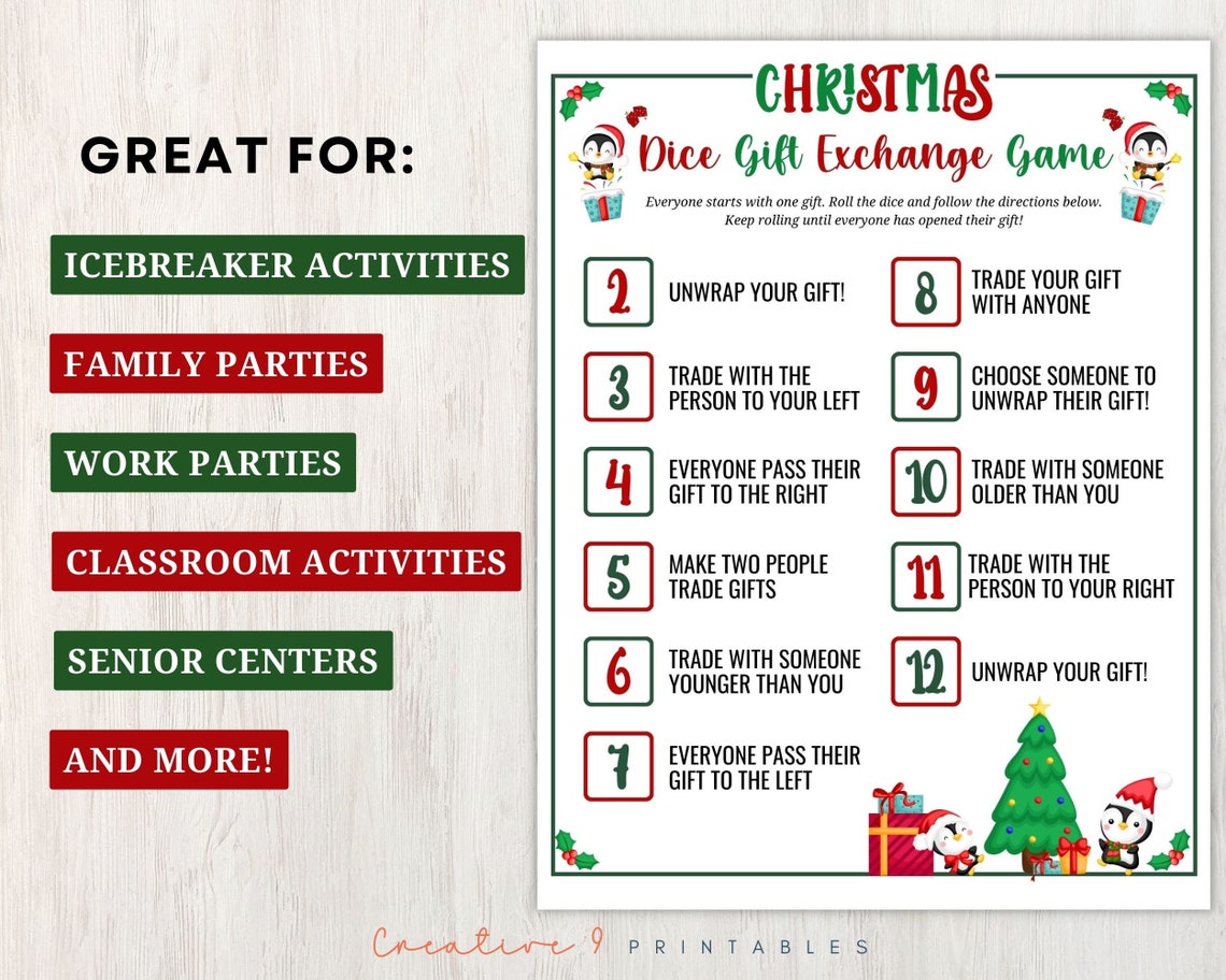 Printable Christmas Gift Exchange Dice Game for Kids and Adults, Fun ...