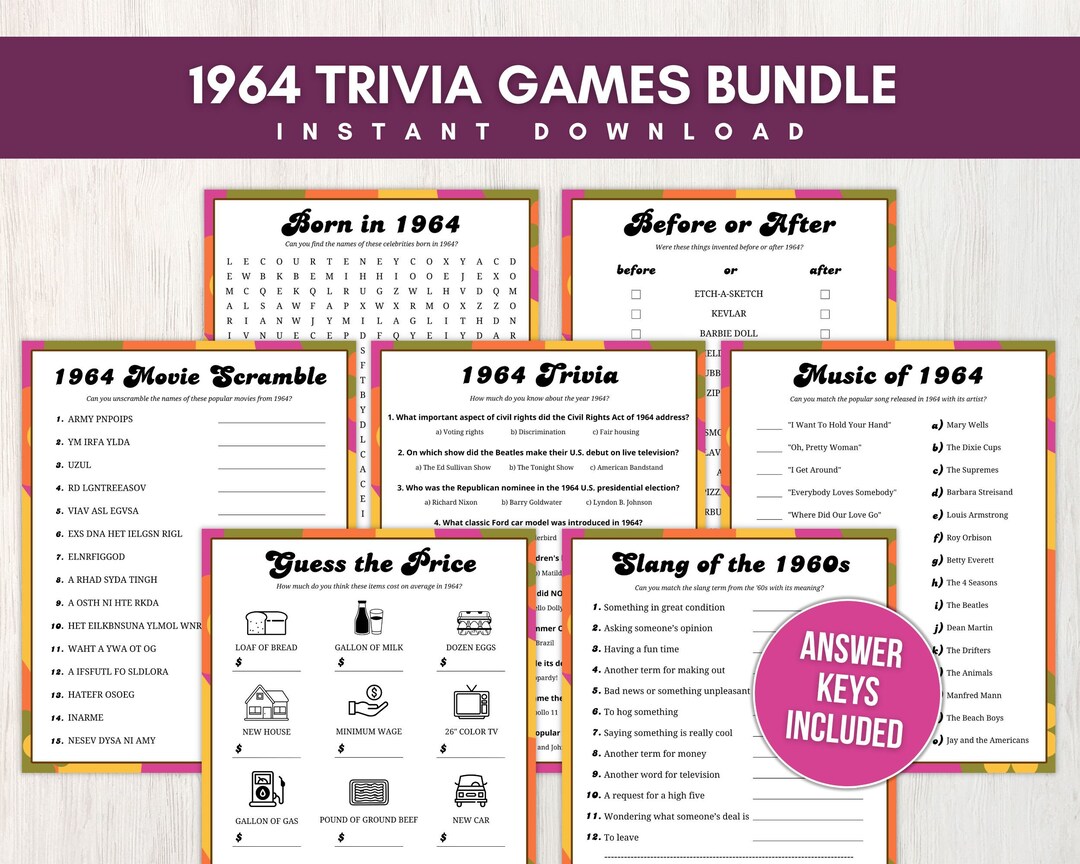 1964 Trivia Game Bundle for Adults, Seven Fun Printable 60th Party ...