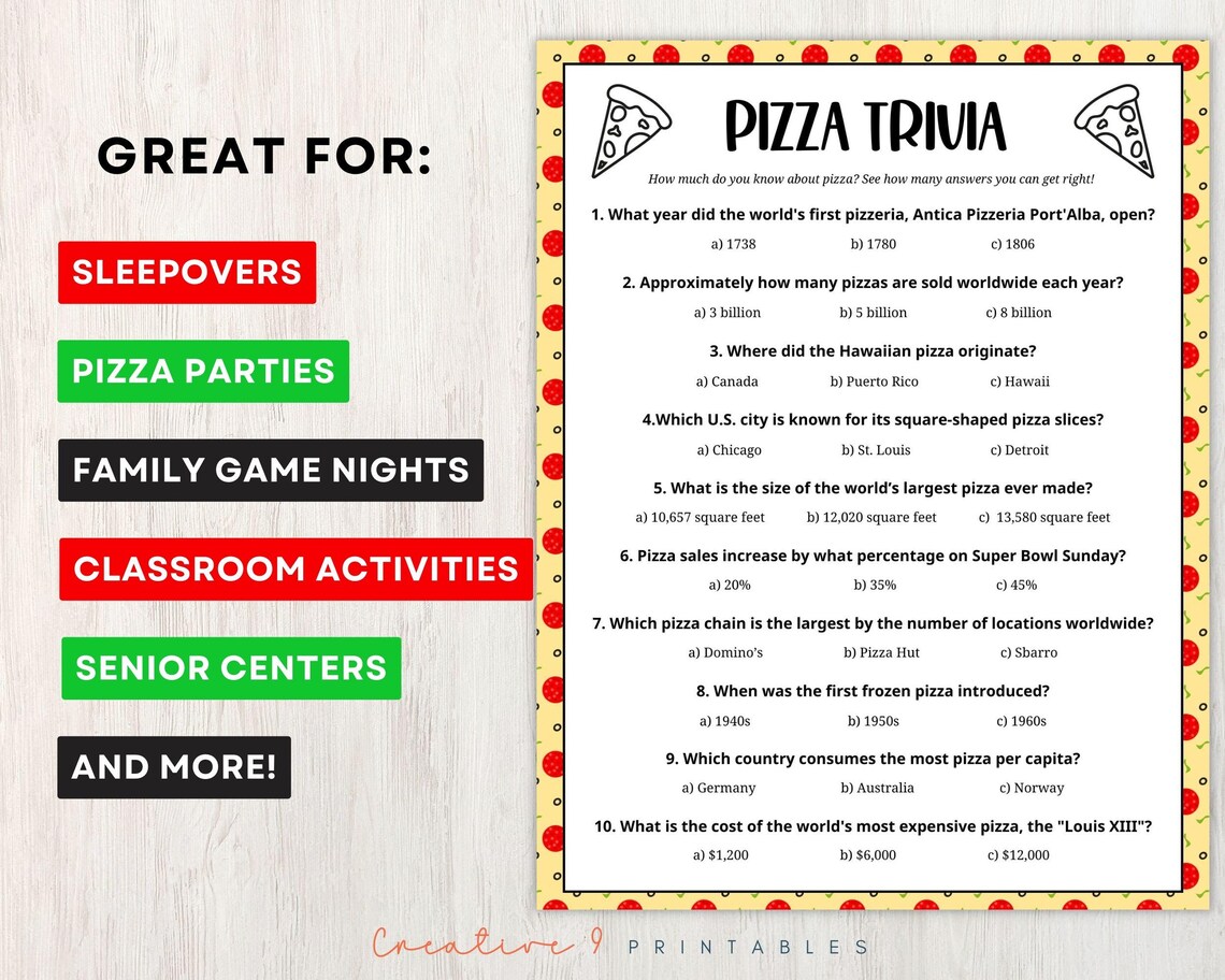 Pizza Trivia Printable Game for Kids and Adults, 10 Pizza Questions ...